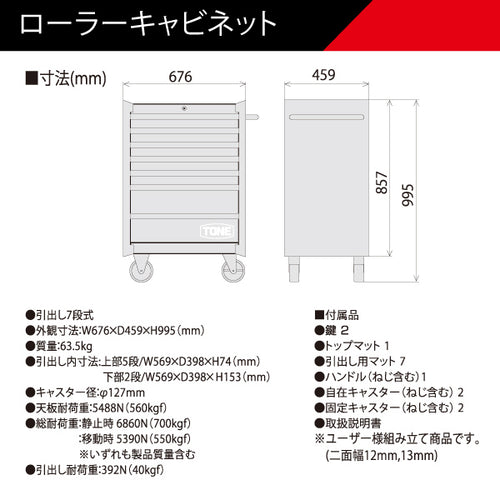 TONE 工具セット ローラーキャビネットセット（レッド） ws207r【エヒメマシン】